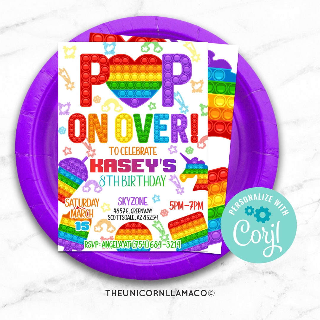 EDITABLE Pop It Heart Invitation, Pop It Party, Pop It Invite, Rainbow ...