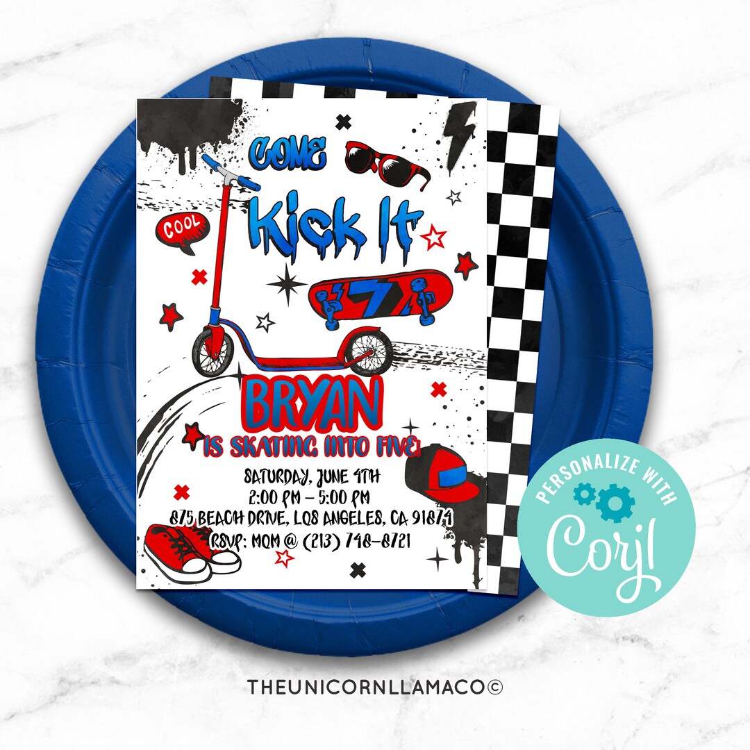 EDITABLE Scooter Skateboard Party Invitation Printable Skateboard ...