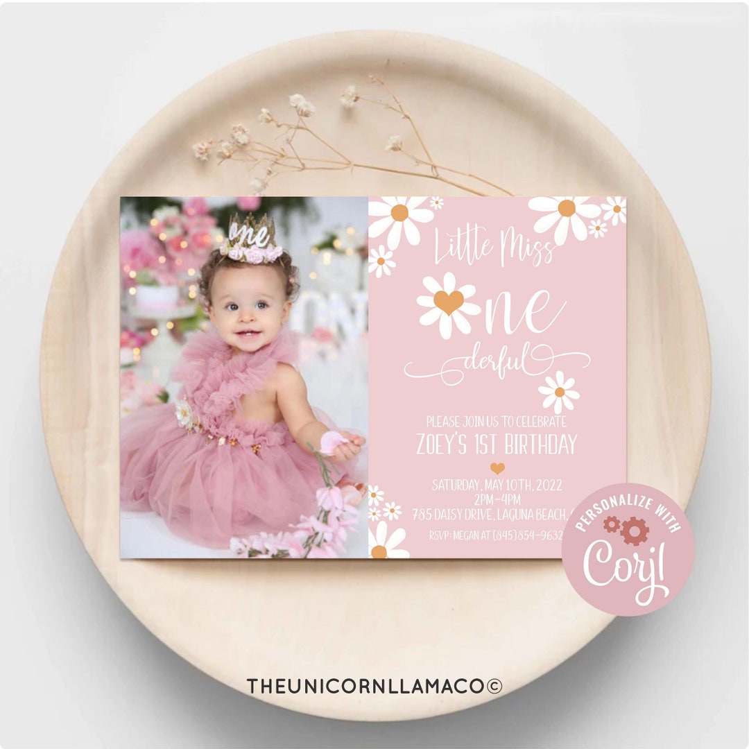 EDITABLE Little Miss Onederful Picture Invitation, Daisies Retro Party ...