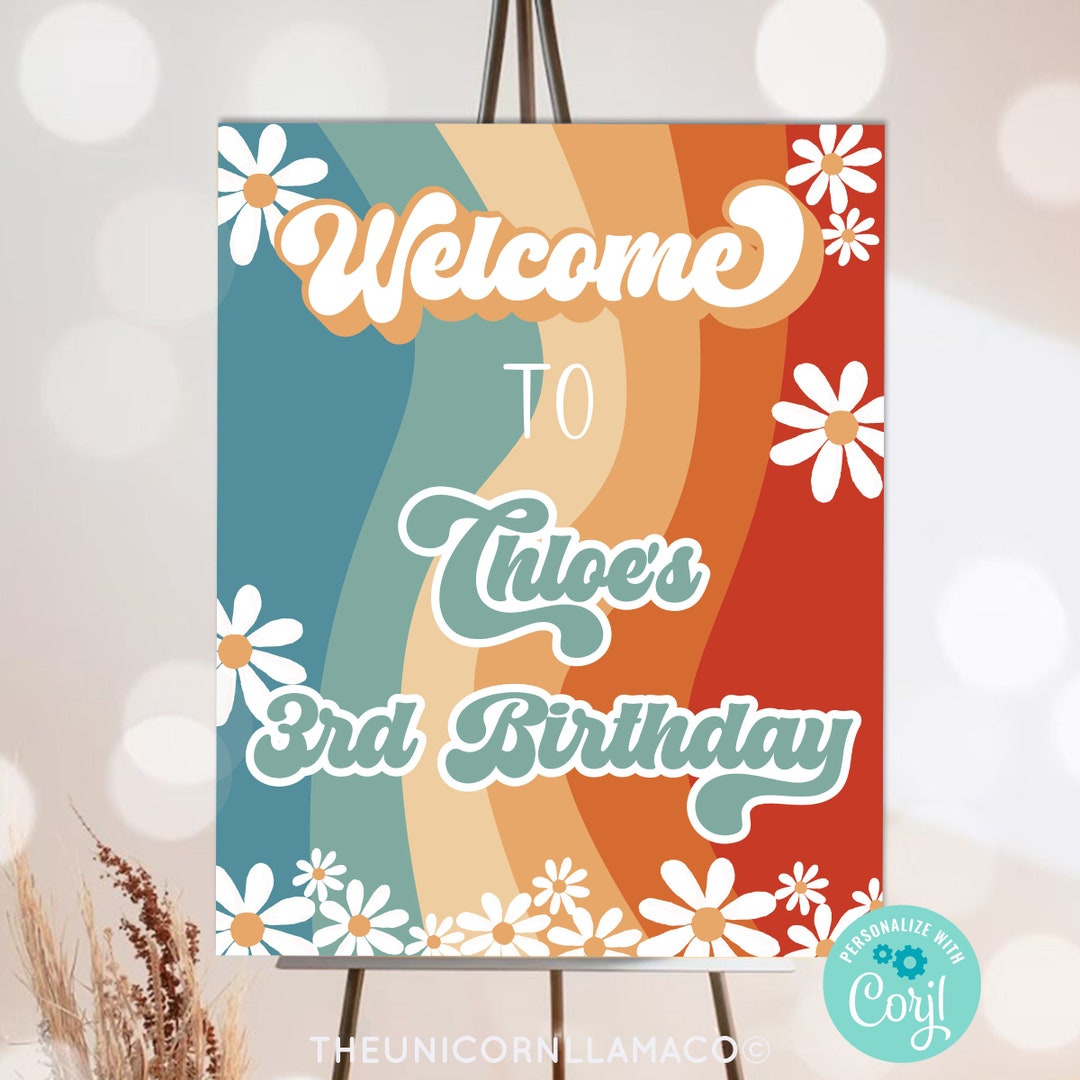 EDITABLE Boho Daisy Retro Rainbow Welcome Sign Young Wild and Three ...
