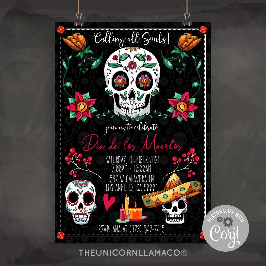 EDITABLE Halloween Dia de los Muertos Invitation Adult Ghost Skeleton ...