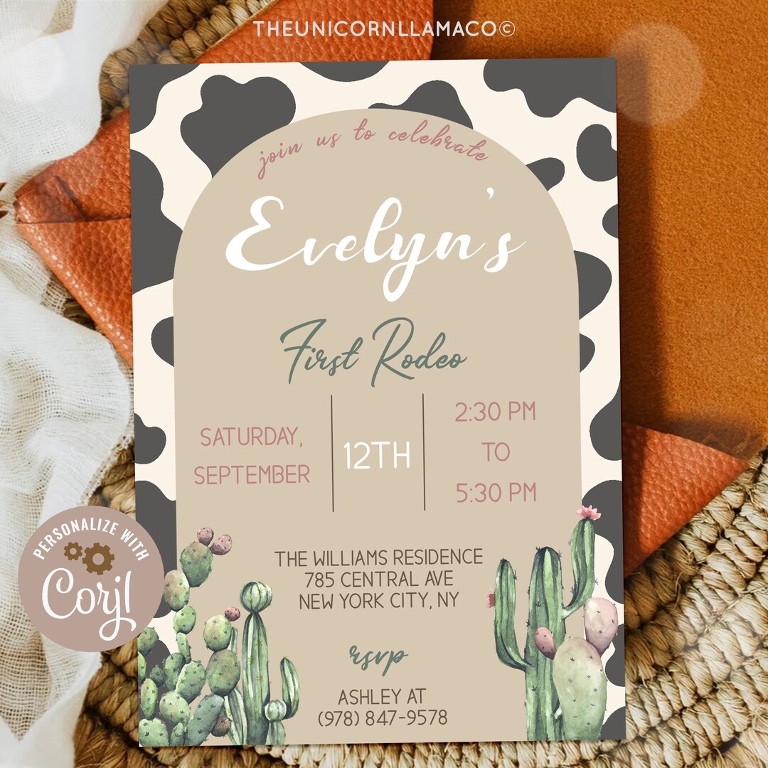 EDITABLE First Rodeo 1st Birthday Invitation Cowgirl Party Invite Cow ...