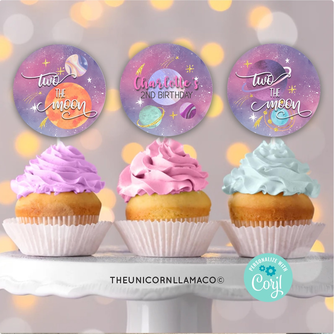 EDITABLE Two the Moon Cupcake Toppers 2nd Cupcakes Party Favors Space ...