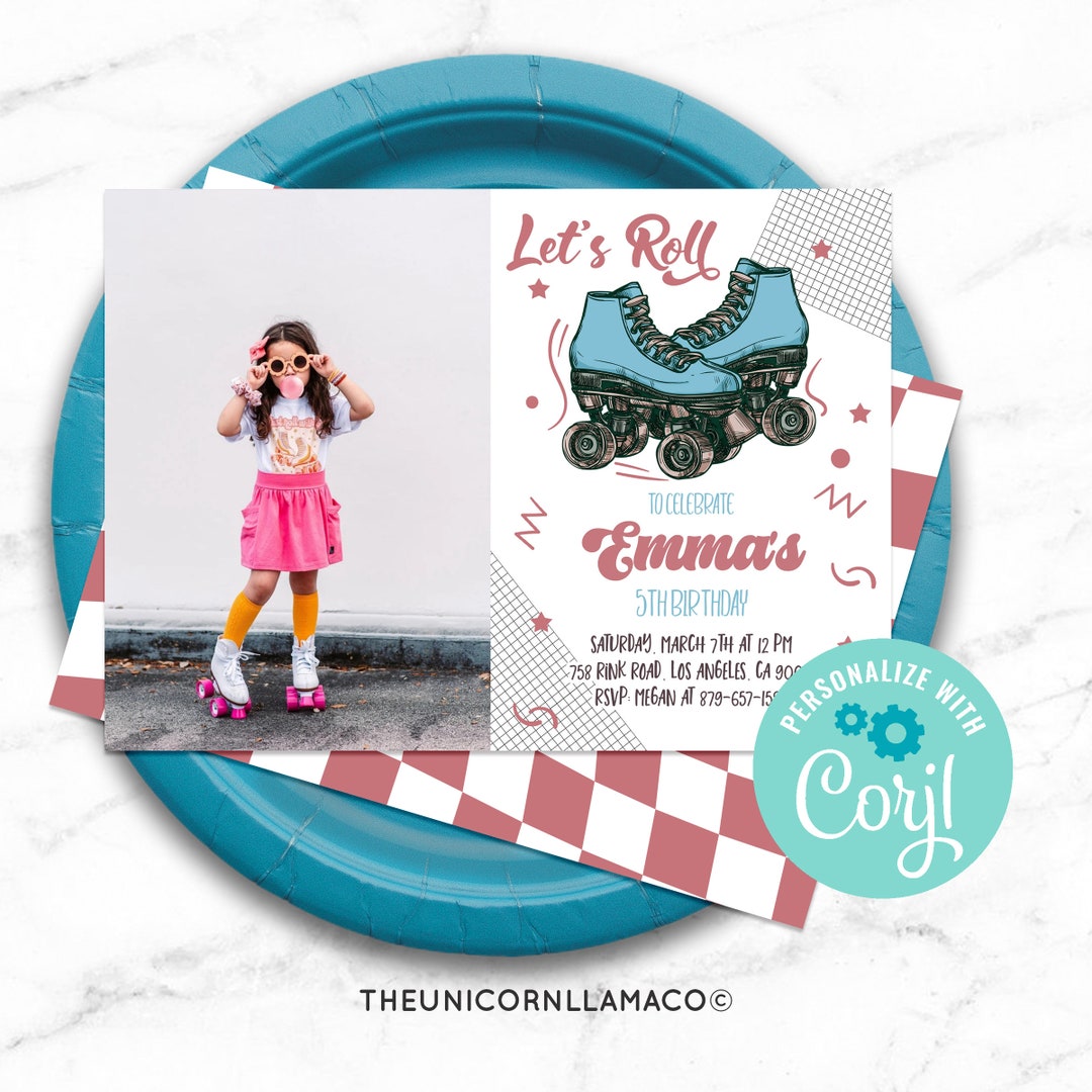 EDITABLE Roller Skate Picture Invitation, Retro Party, Skating Rink ...
