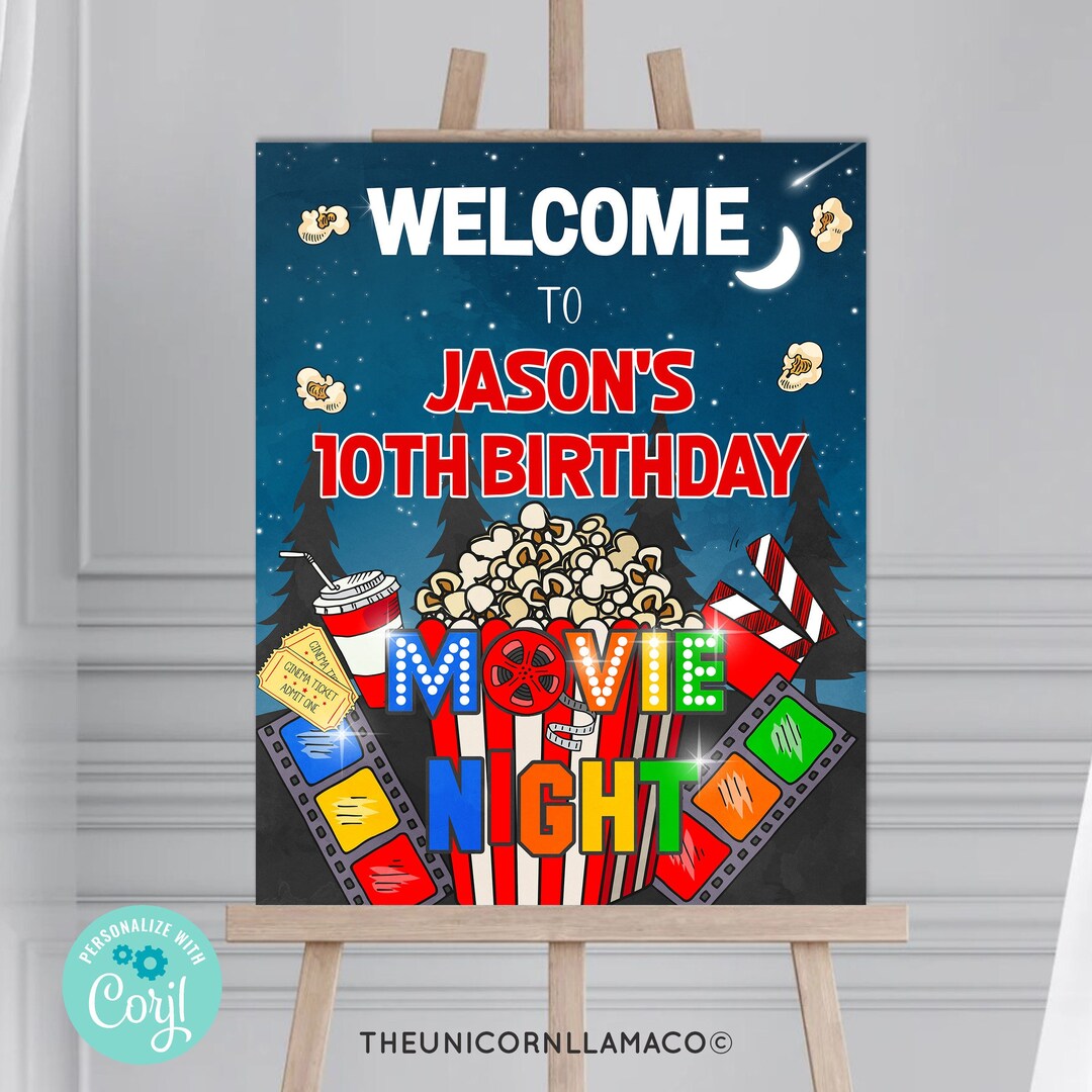 EDITABLE Movies Night Birthday Welcome Sign Movie Theater Party Movie ...