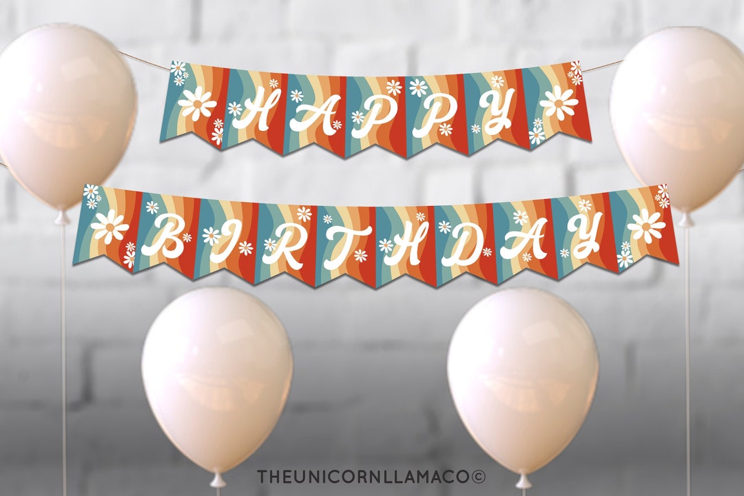 Two Groovy Banner, Retro Happy Birthday Banner, Boho Party, Digital ...