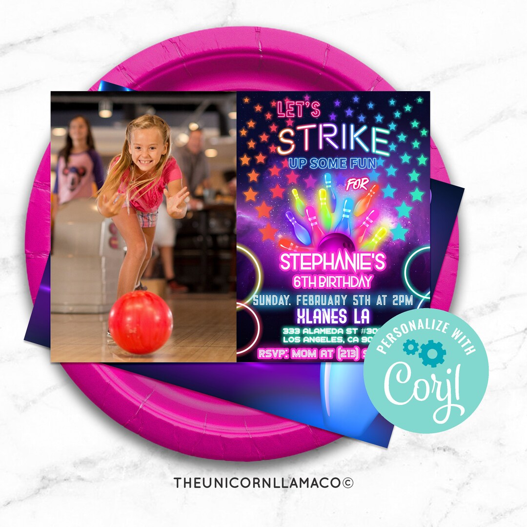 EDITABLE Cosmic Bowling Picture Invitation Cosmic Bowling Party Cosmic ...