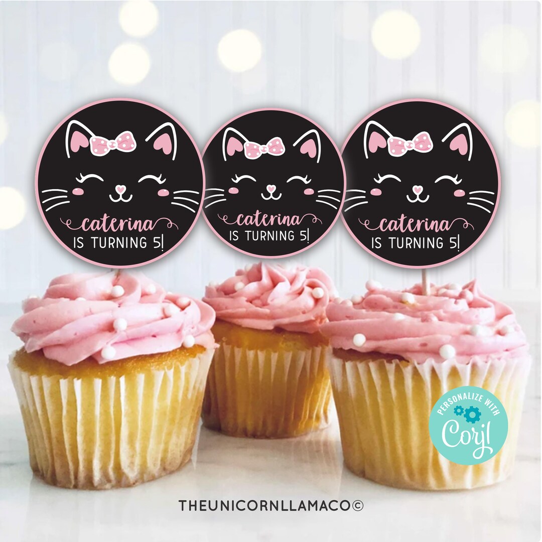EDITABLE Kitty Cat Kitten Cupcake Toppers Personalized 1st Birthday ...