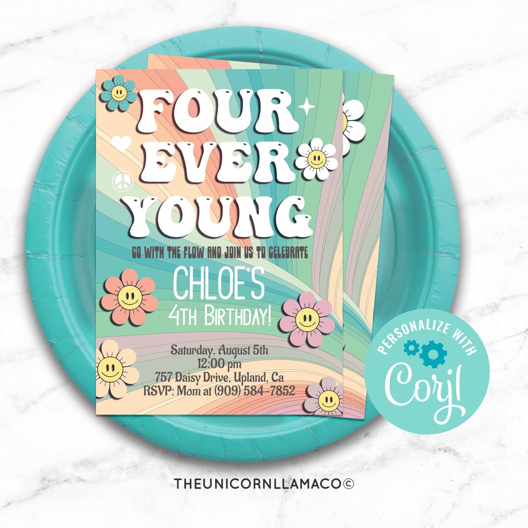 EDITABLE Four Ever Young 4th Birthday Invitation Retro Party Daisies ...