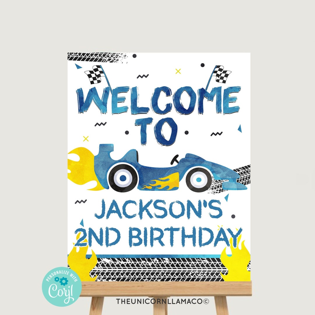 EDITABLE Two Fast Birthday Welcome Sign Blue Racing Car Party Outdoor ...