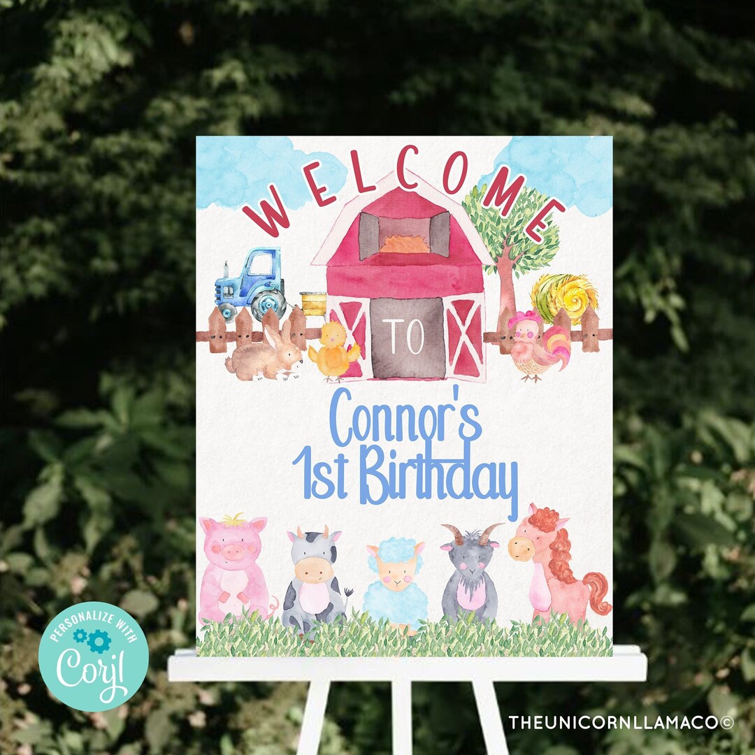 EDITABLE Farm Welcome Sign Baby Farm Animals Party 1st Birthday ...