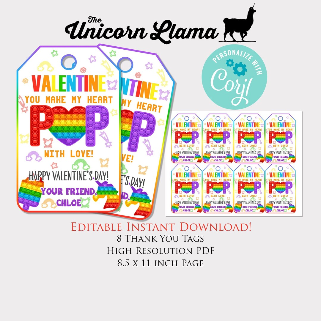EDITABLE Pop It Valentine's Day Tags, Pop It, Colorful, Rainbow ...