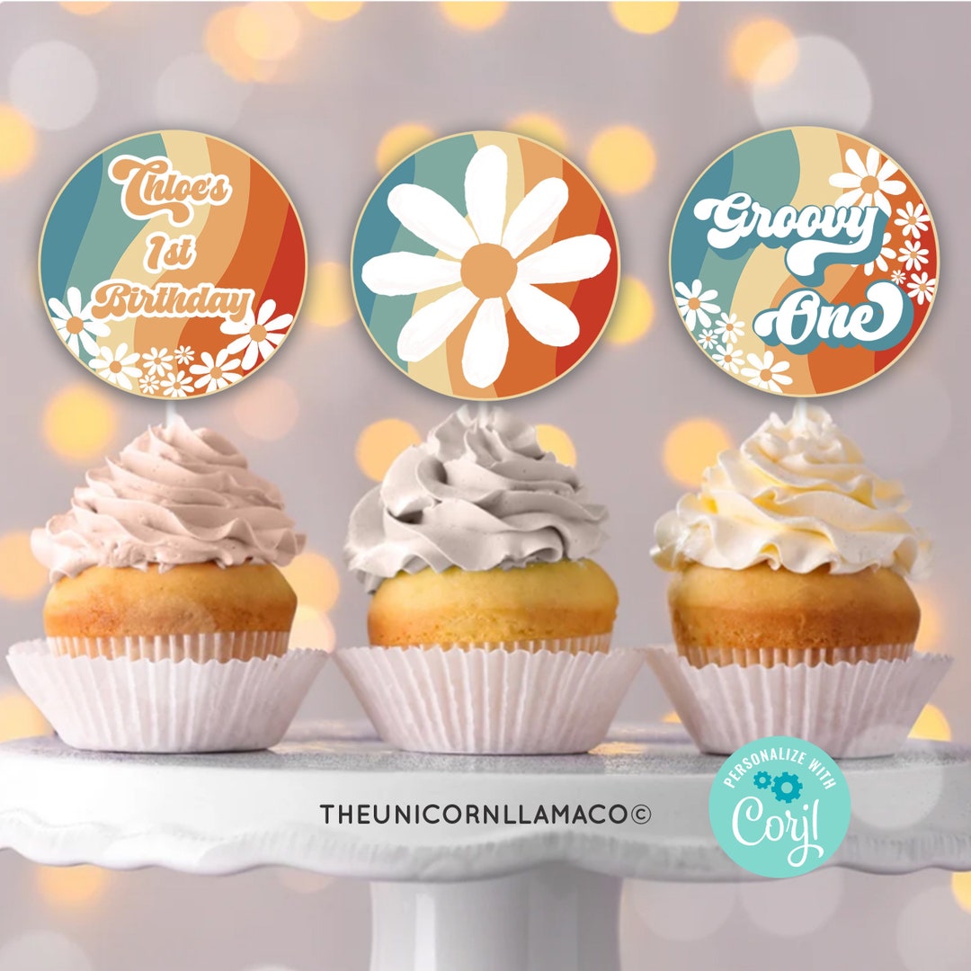 EDITABLE Groovy One Rainbow Cupcake Toppers Personalized 1st Birthday ...