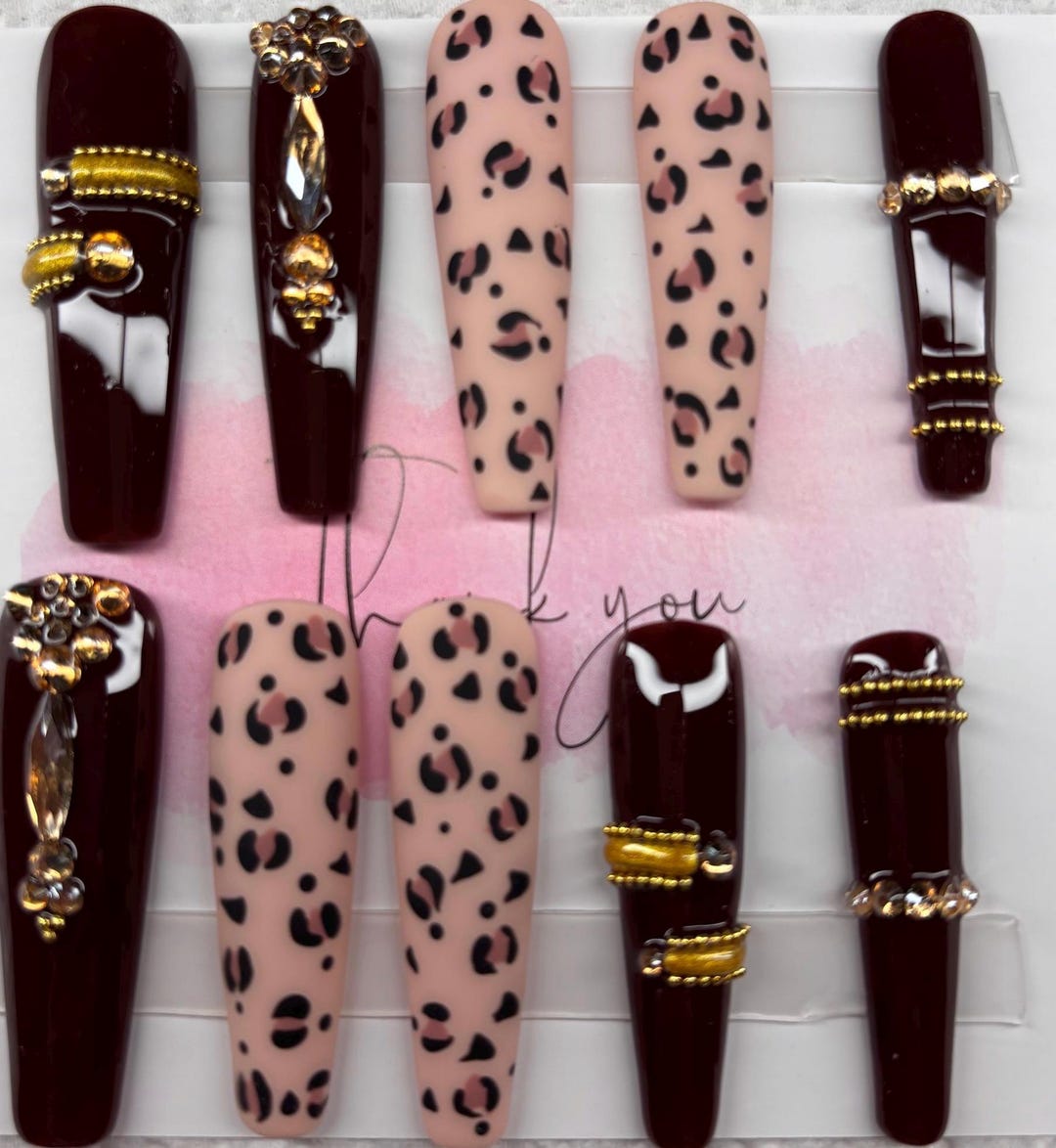 Press on Nails Extra Long Coffin 3D Cheetah With Bling - Etsy