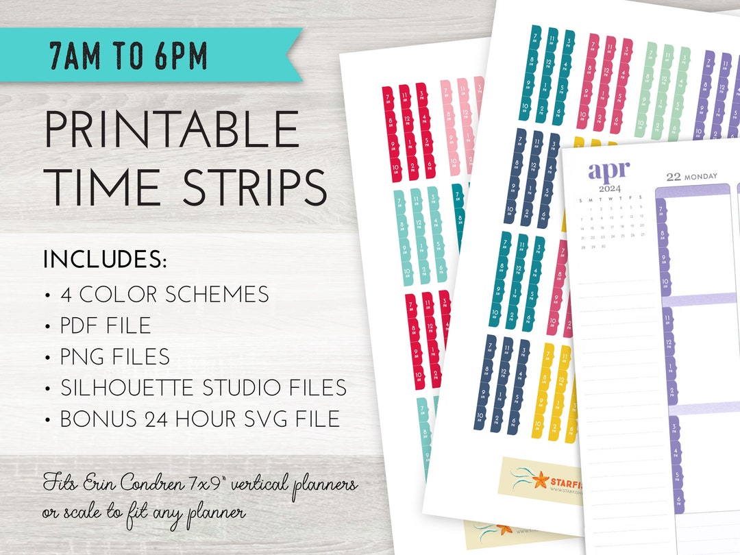 Printable Planner Time Strips - 7am to 6pm, PDF, PNG, Silhouette ...