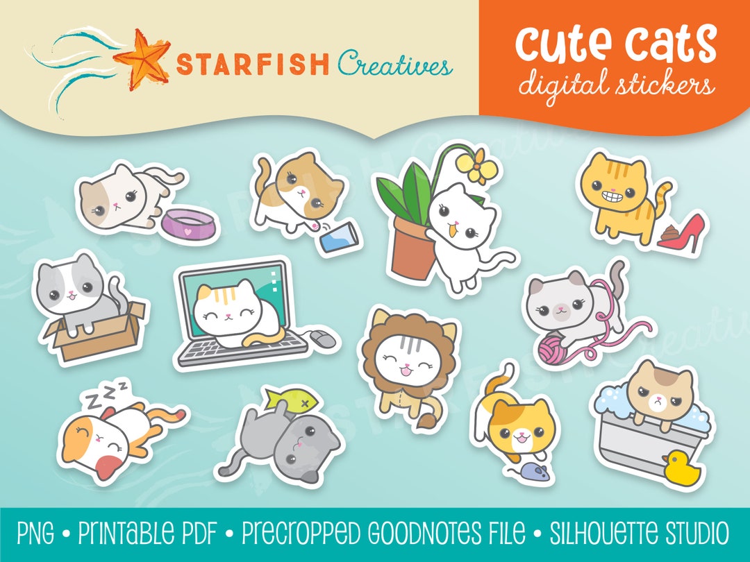 Digital Cute Cat Stickers - Png Files, Pdf, Goodnotes, Silhouette, Jpg ...