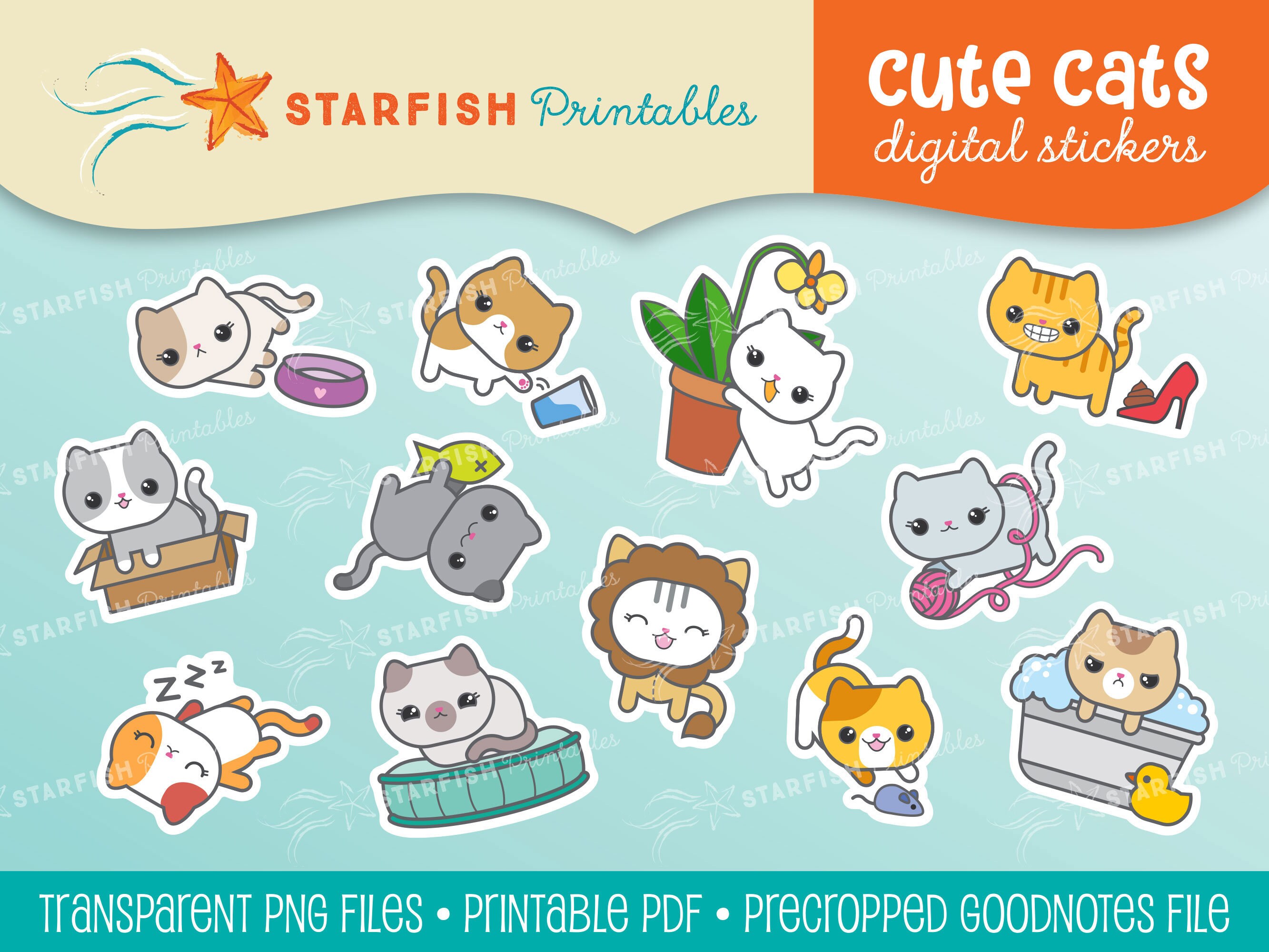Digital Cute Cat Stickers Png Files Pdf Goodnotes Kawaii - Etsy