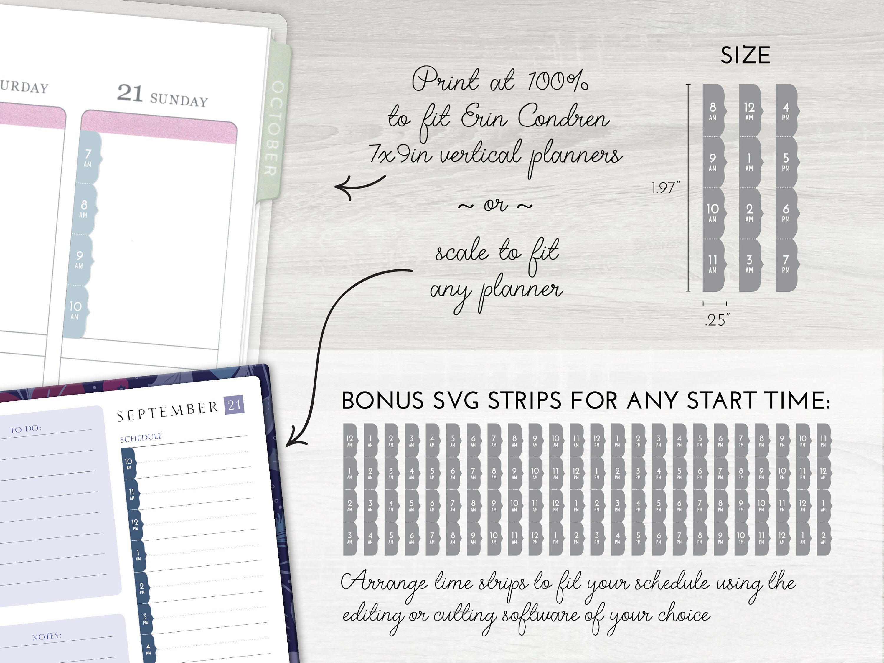 Printable Planner Time Strips - 7am to 6pm, PDF, PNG, Silhouette ...