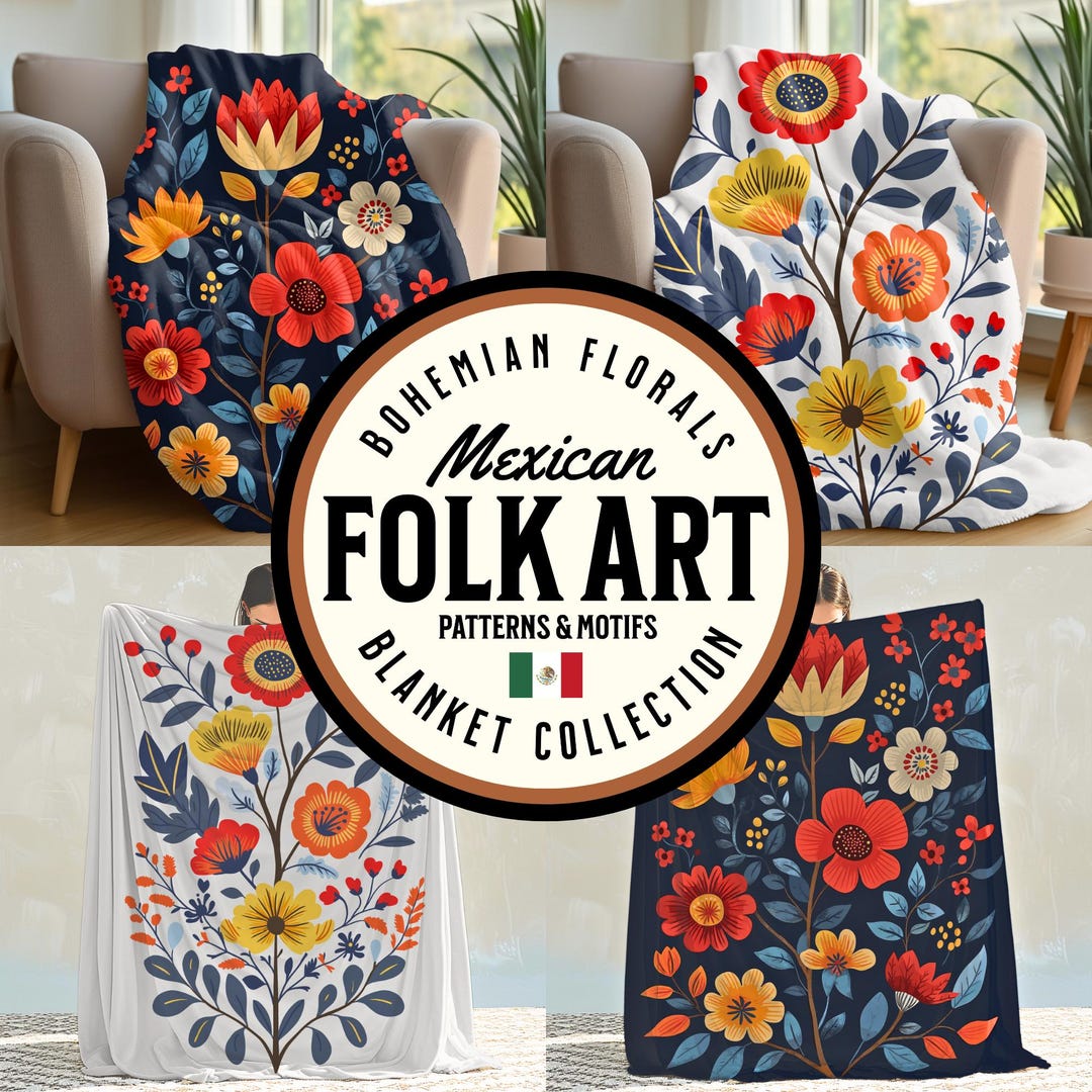 Mexican Folk Art Blanket, Floral Motifs and Patterns, Flannel Plush ...