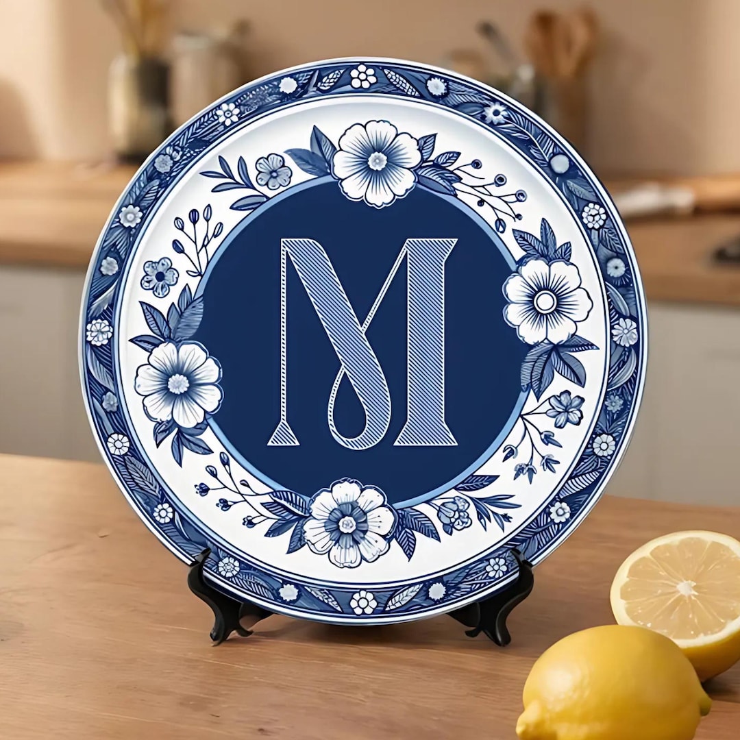 Custom Blue Floral Monogram Plate: Vintage Ceramic Wall Decor - Etsy