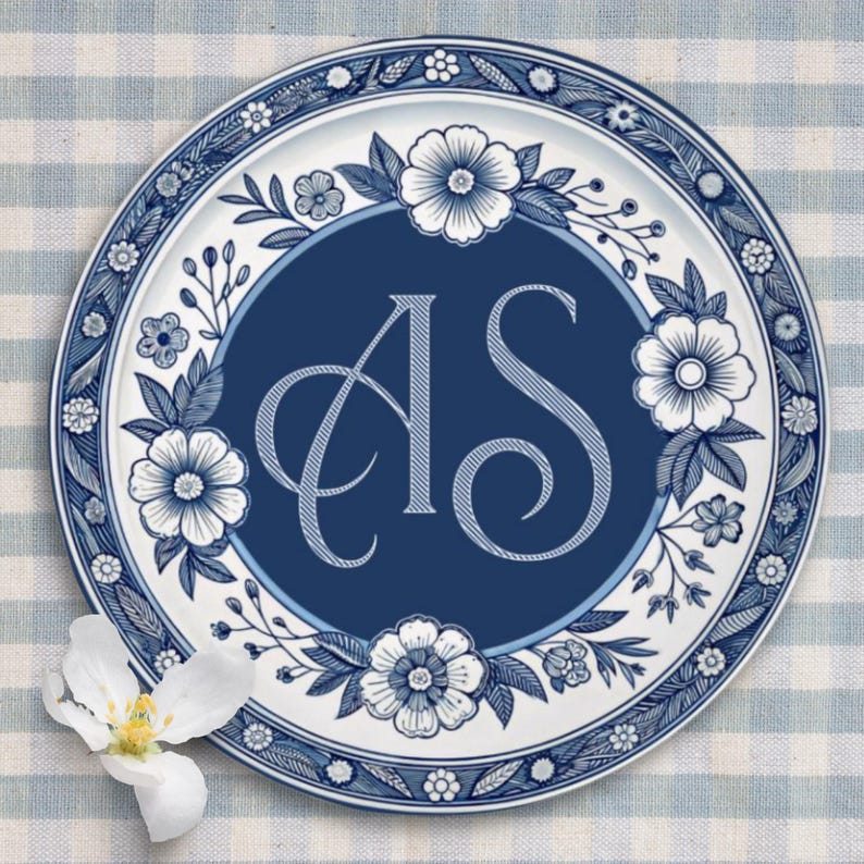 Custom Blue Floral Monogram Plate: Vintage Ceramic Wall Decor - Etsy