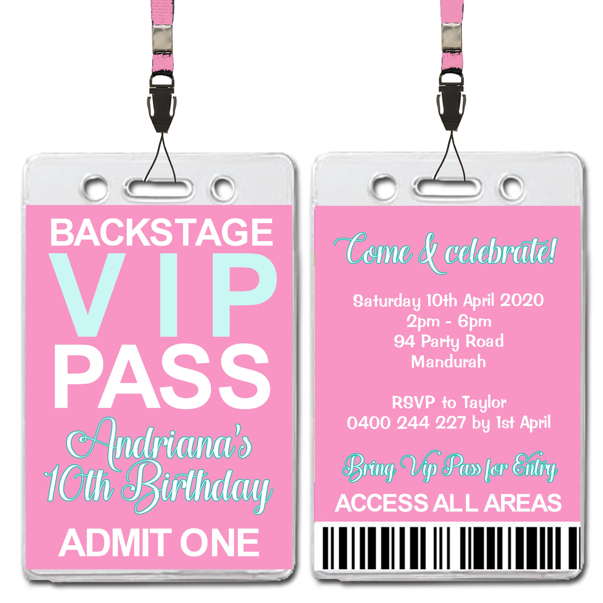Vip Lanyard Pass Pink Party Digital Printable Birthday Etsy