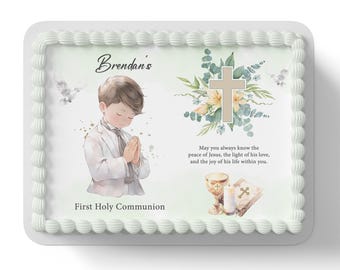 Holy Communion Edible Cake Topper – Personalised Eucalyptus Gold Cross ...