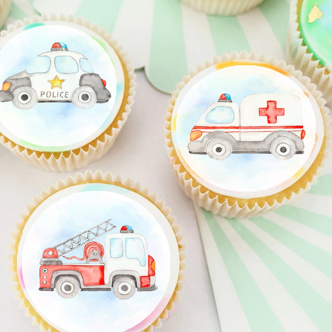Emergency Vehicles Police Ambulance Pre-cut Edible Cupcake or Cookie ...