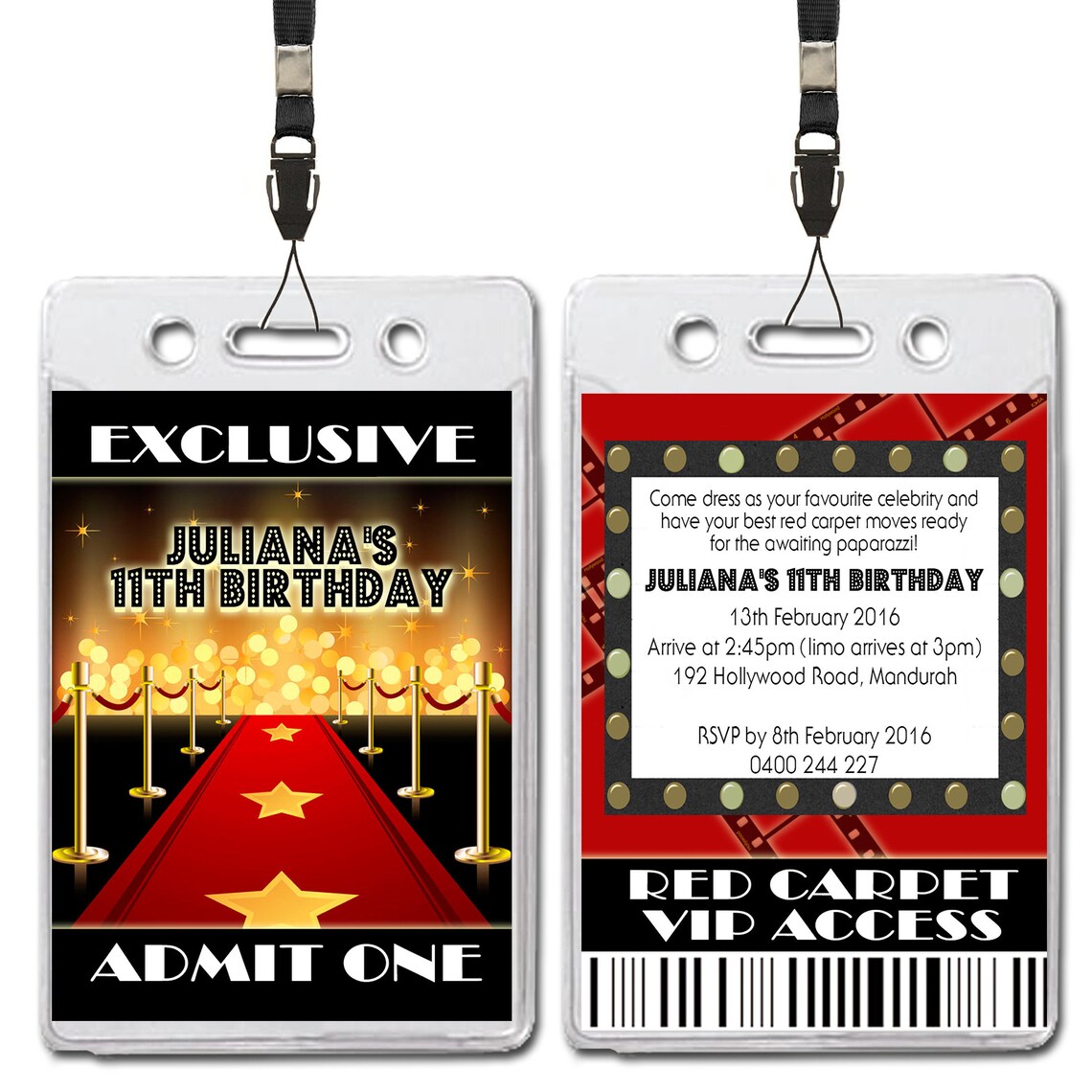 VIP Lanyard Pass Red Carpet Birthday Invitations X 10 - Etsy Sweden