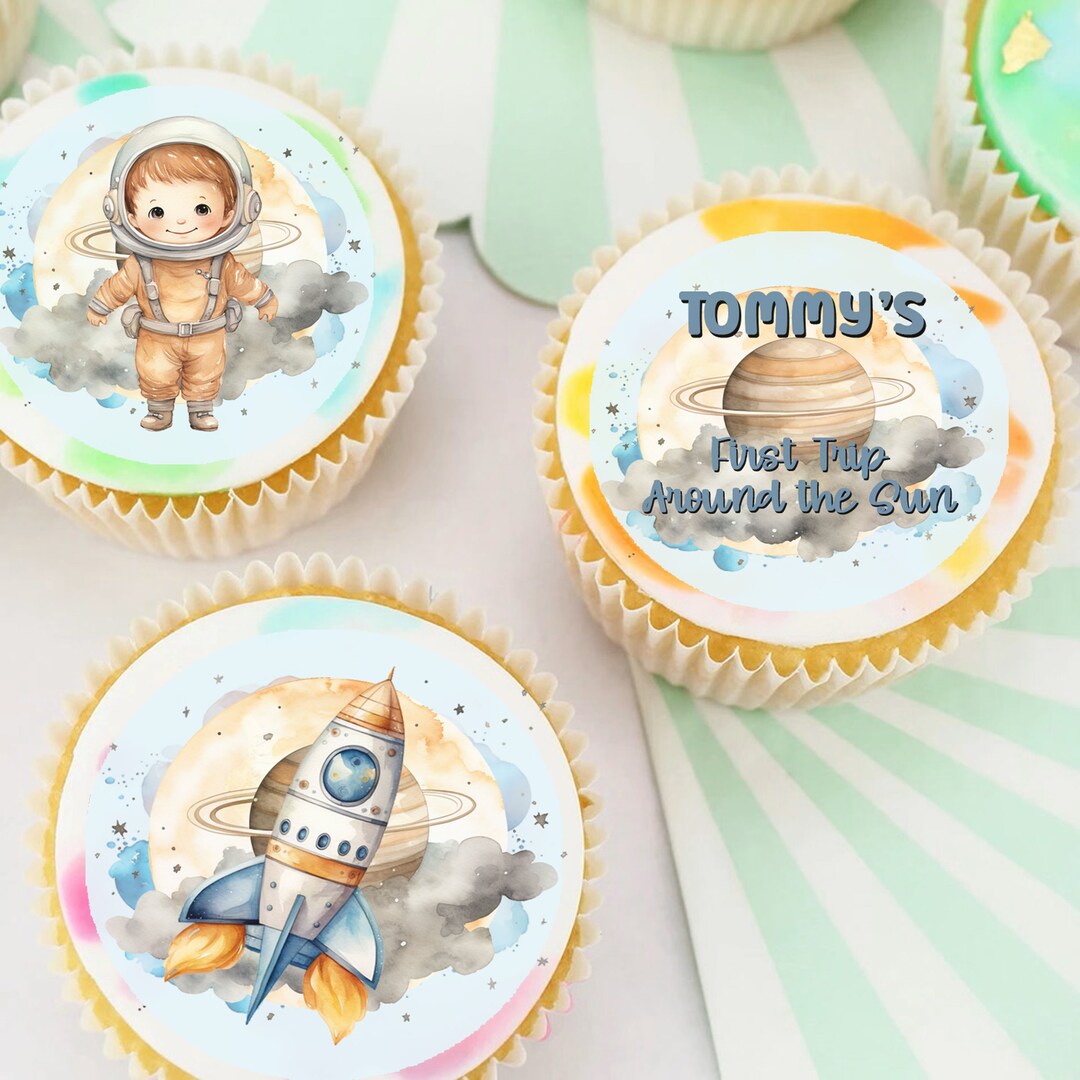 First Trip Around the Sun Customised Pre-cut Edible Cupcake or Cookie ...