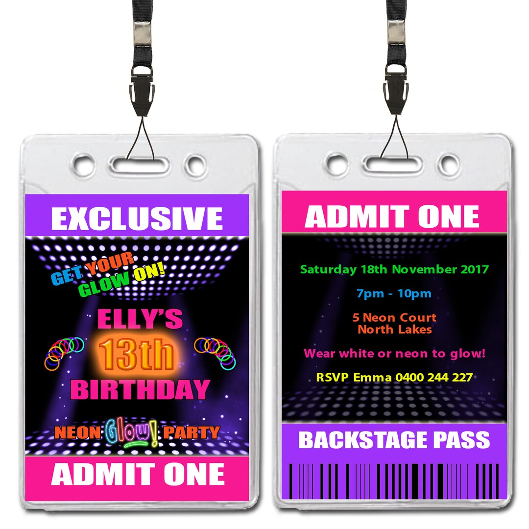 VIP Lanyard Pass Neon Disco Party Fluoro Birthday Invitations - Etsy