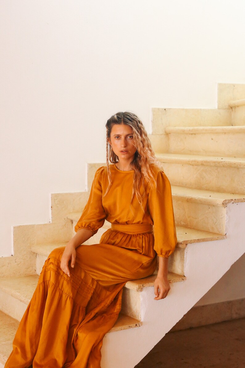 Ambre Dress in Ochre Yellow Open Back Bohemian Elegance - Etsy