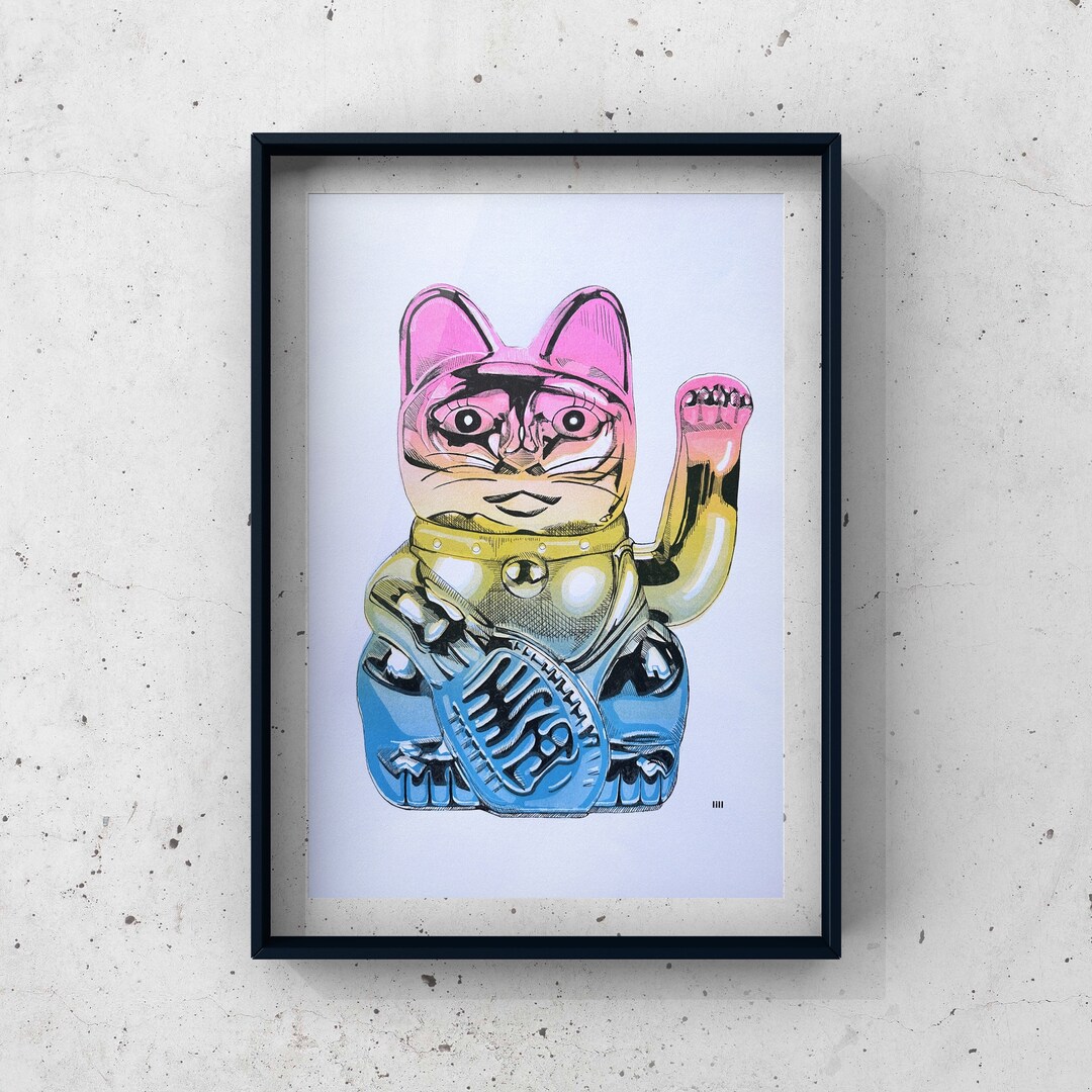 Waving Cat - Manekineko, Art Print, Screen Printing, Print, Poster ...
