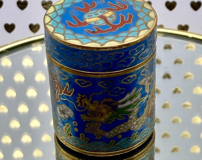 Rare Vtg/antique Chinese Cloisonne Dragon Enamel Box, Med Blue, 1 3/4 ...