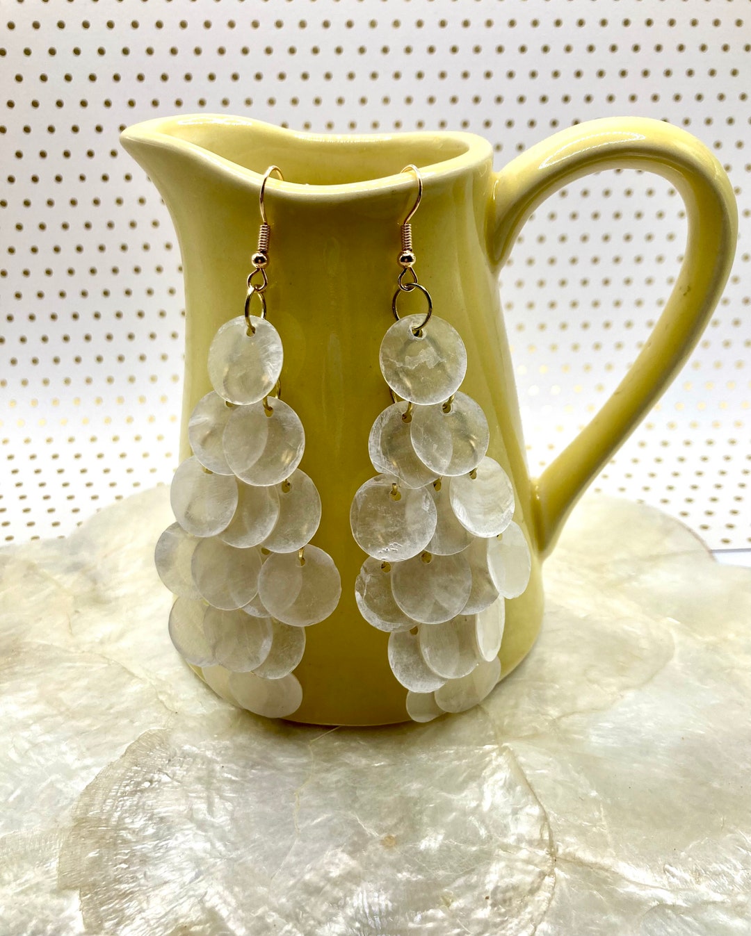 Cascading CAPIZ SHELL Dangle Earrings ~ Long, Lovely White Capiz Shell ...
