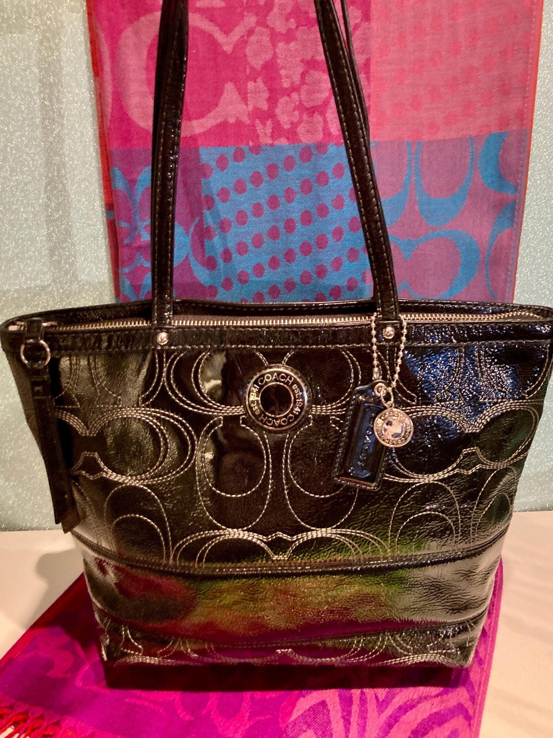 Coach Signature Stitch Stripe Tote Black Patent Leather Handbag F19198 ...