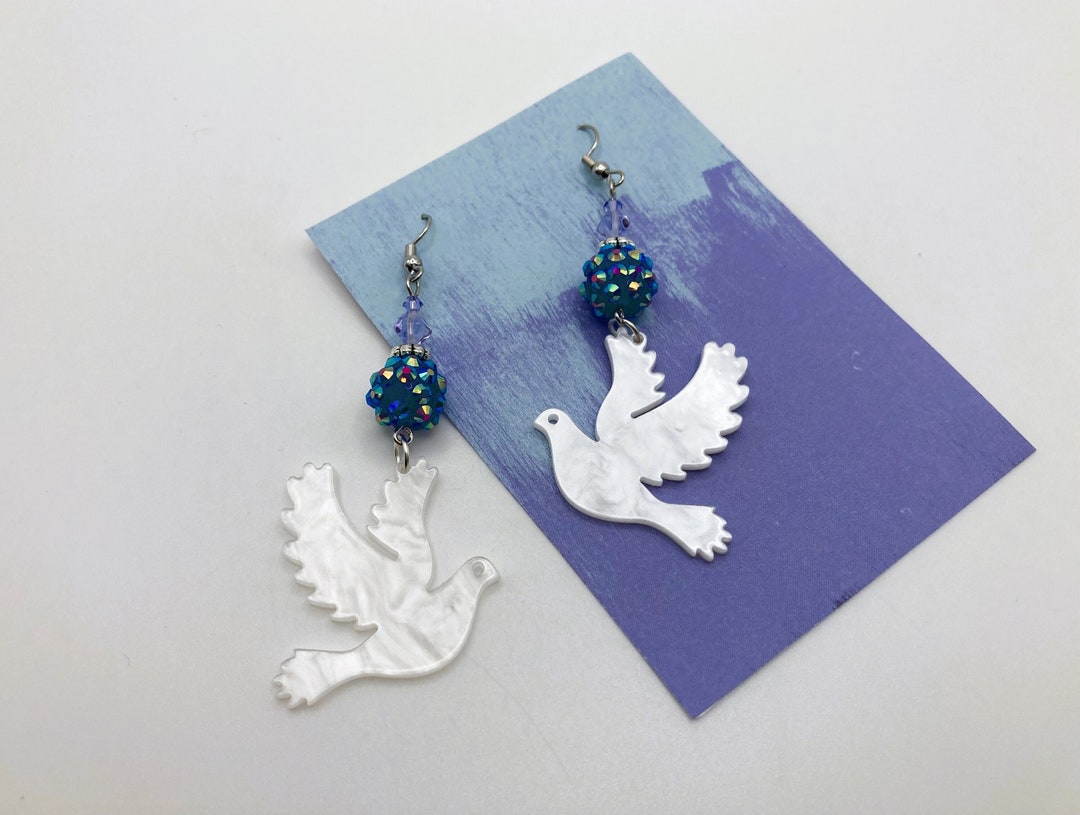 Peace Dove Dangles Acrylic Pearlized White Doves, Blue Aurora Borealis ...