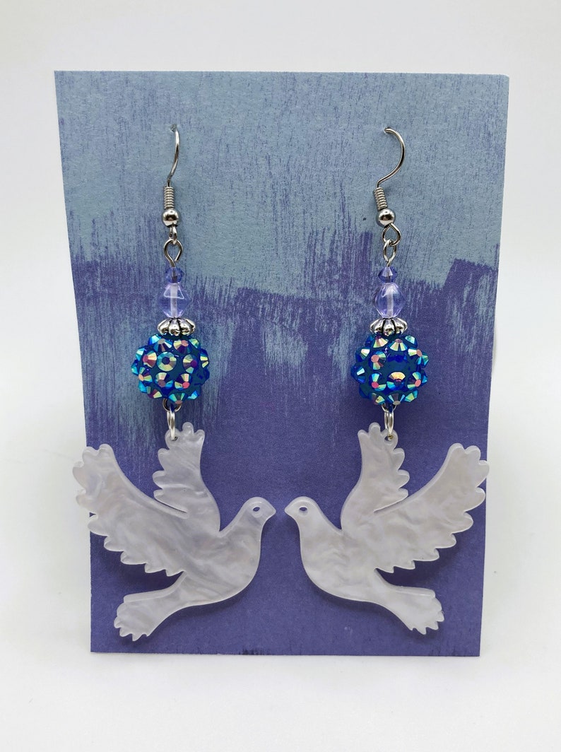 Peace Dove Dangles Acrylic Pearlized White Doves, Blue Aurora Borealis ...