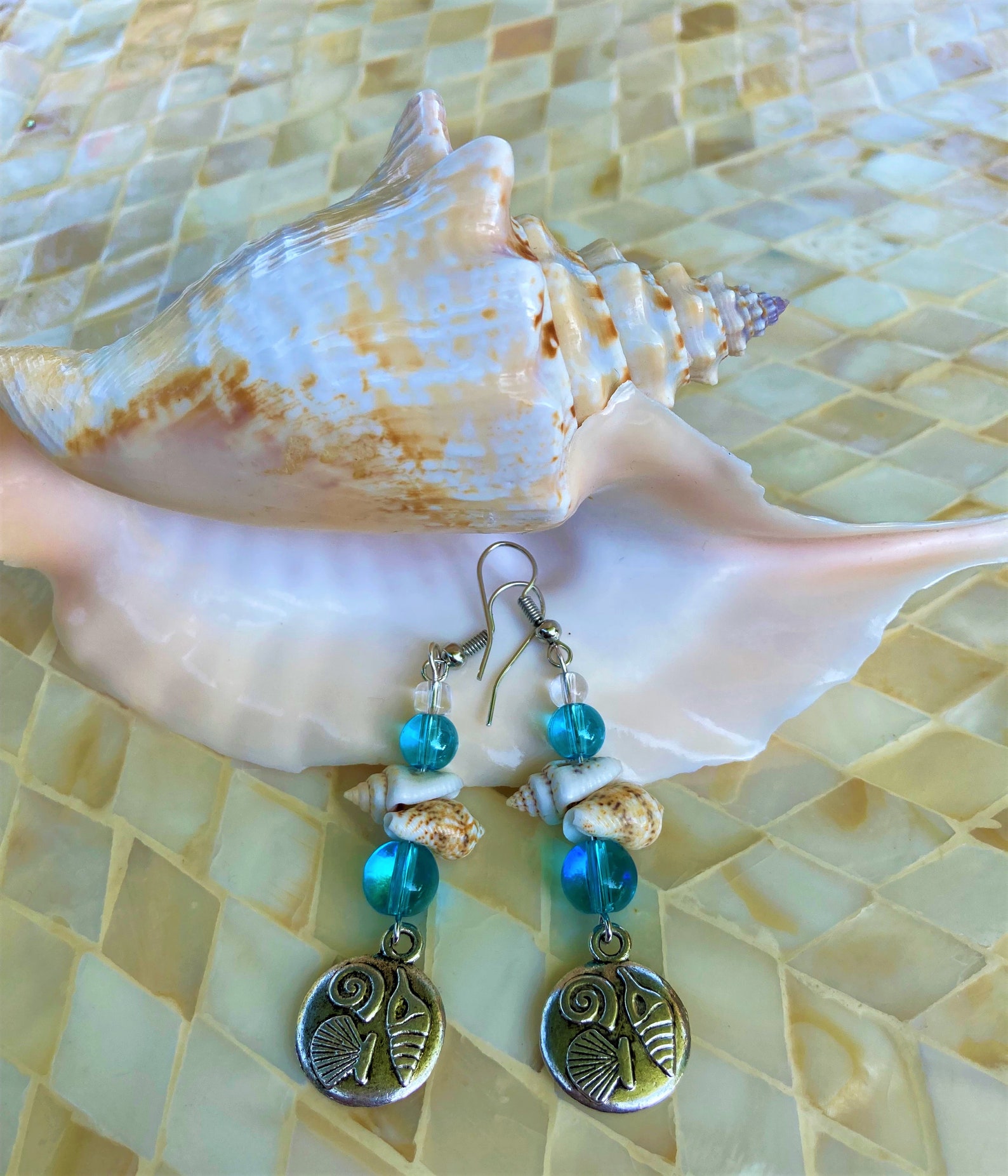 Shell Lover Dangle Earrings Silver Tone Double Sided Shell - Etsy