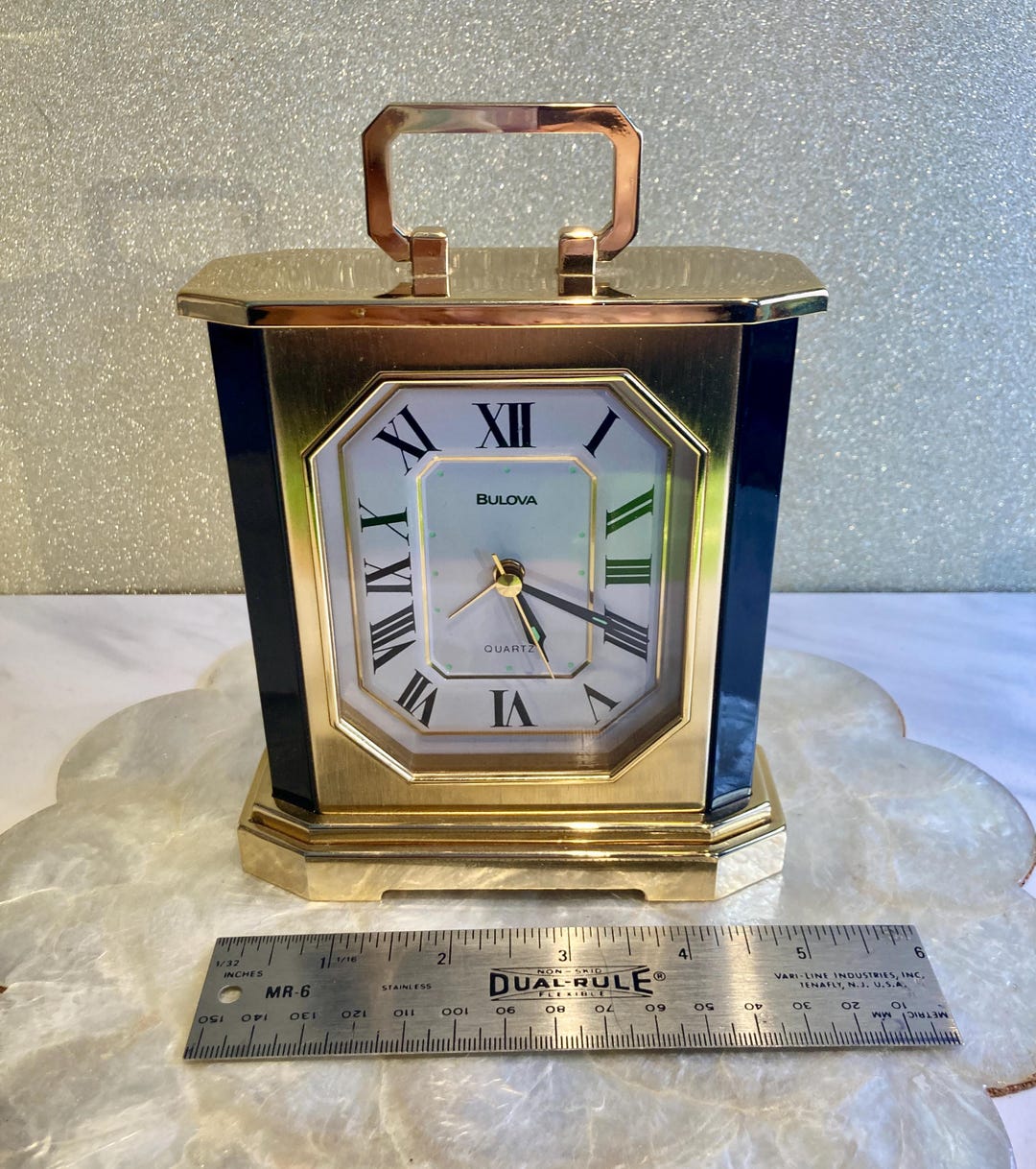 Bulova Quartz Analog Desk/mantel Alarm Clock in Gold & Black Metal ...