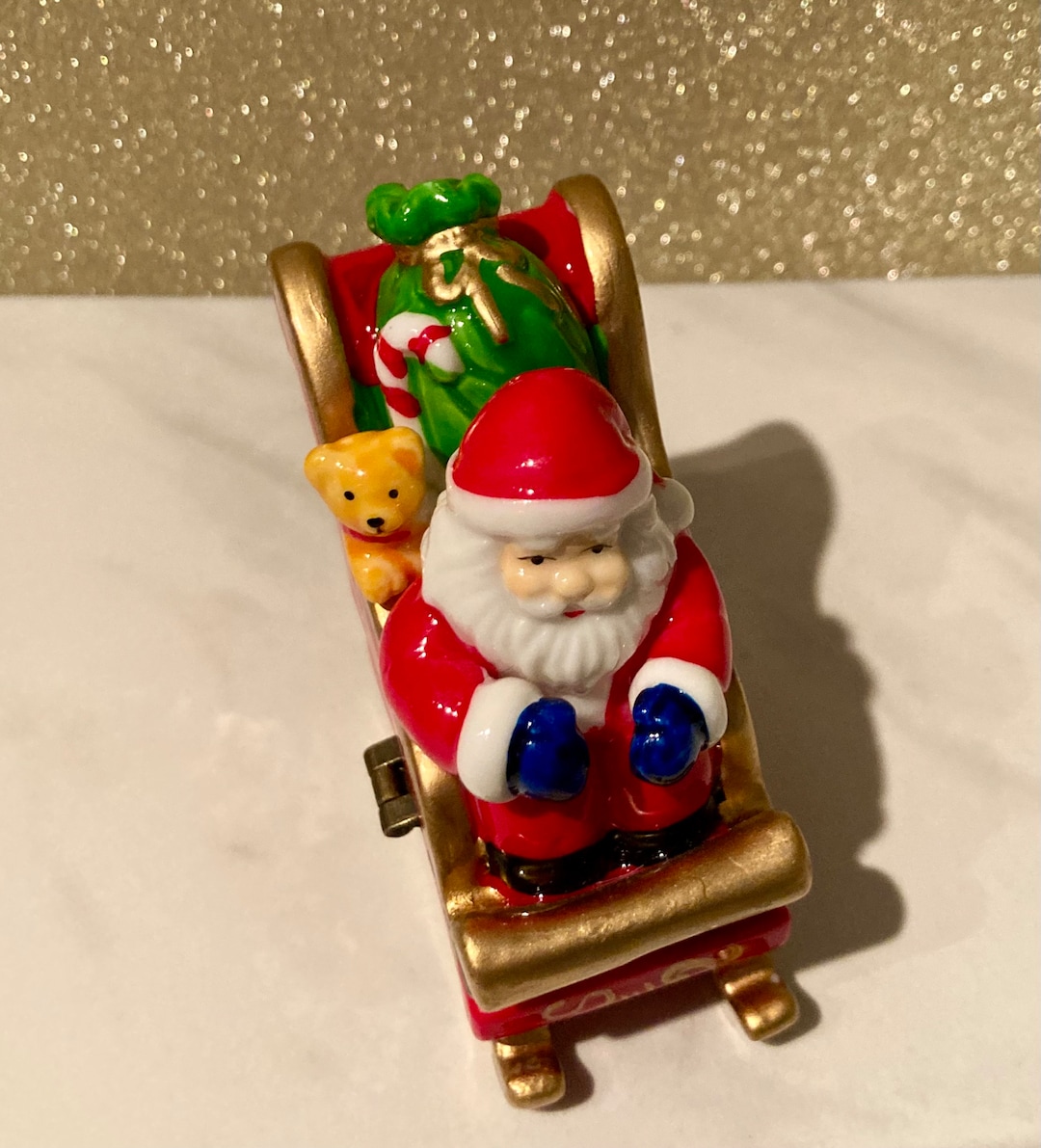 Vtg SANTA'S SLEIGH 3 Hinged Ceramic Trinket Box, Painted Red and Gold ...