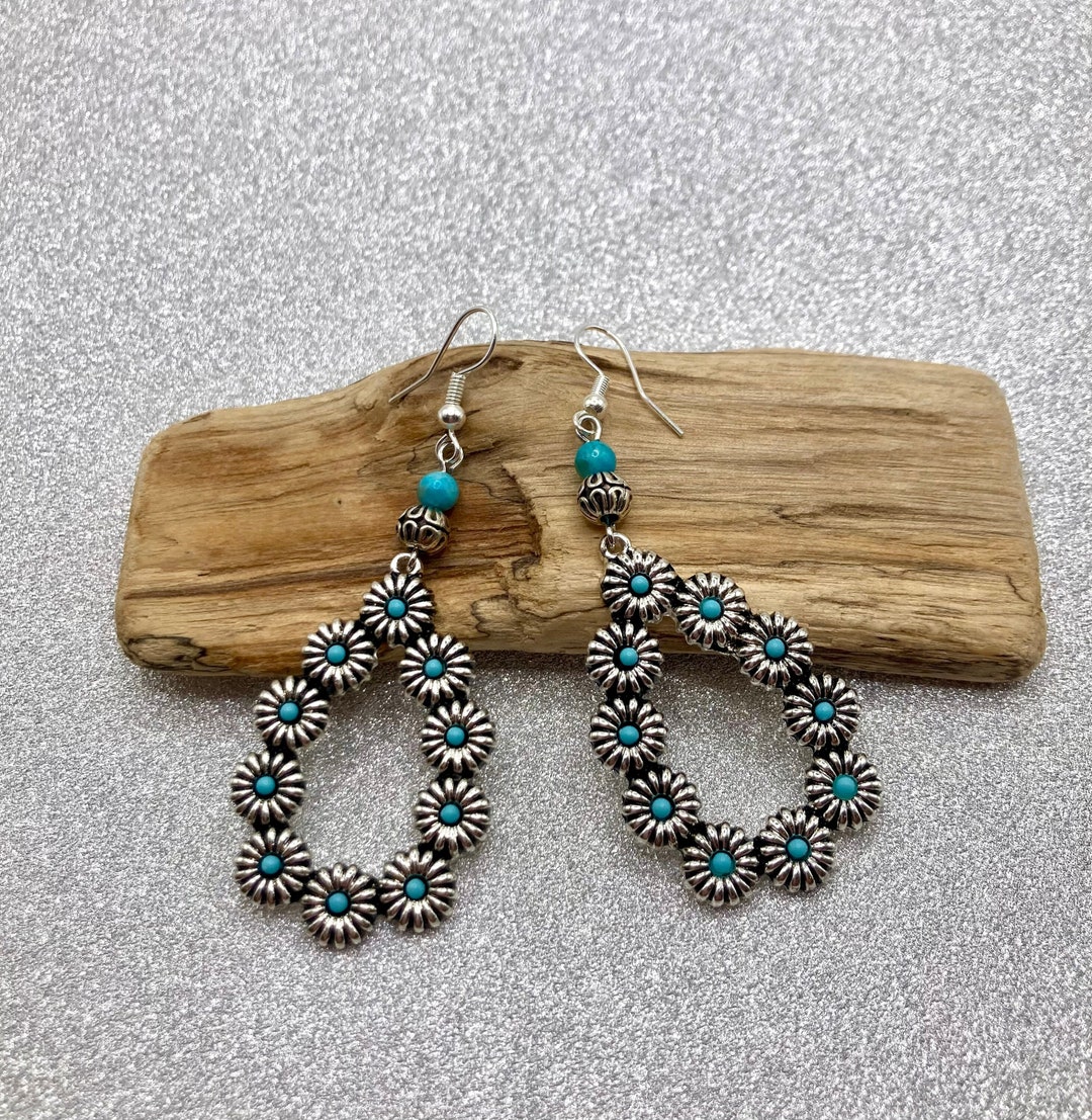 Turquoise Daisy Teardrop Dangles ~ Embossed Daisies, Blue Centers and ...