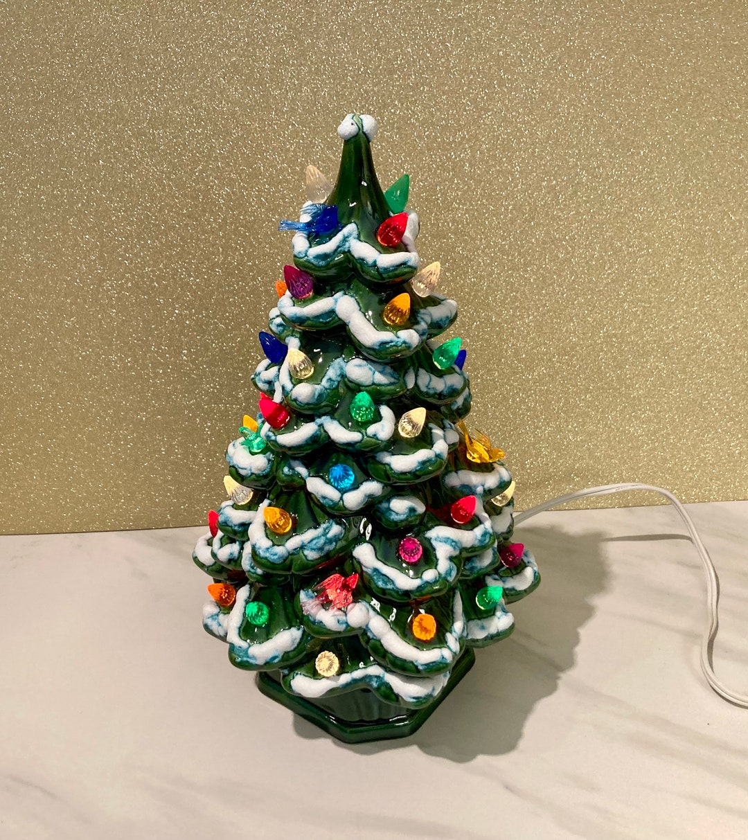 Vintage 11 1/2 Ceramic Light up Tree and Base, Flocked Snow, Multi ...