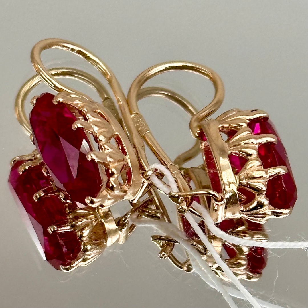 Vintage Original Small Rose Gold Earrings With Red Ruby 583 14K, Rose ...