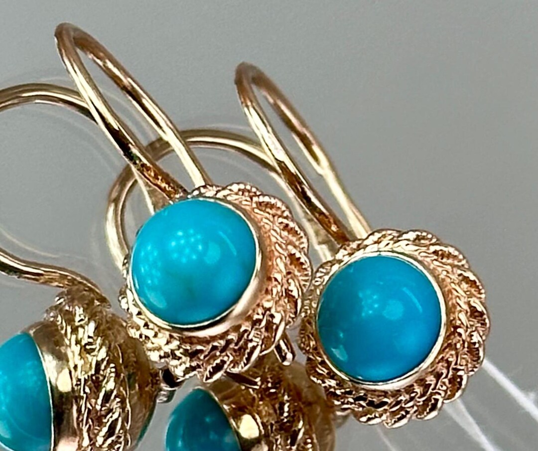 Vintage Original Solid Rose Gold Earrings With Natural Turquoise 583 ...