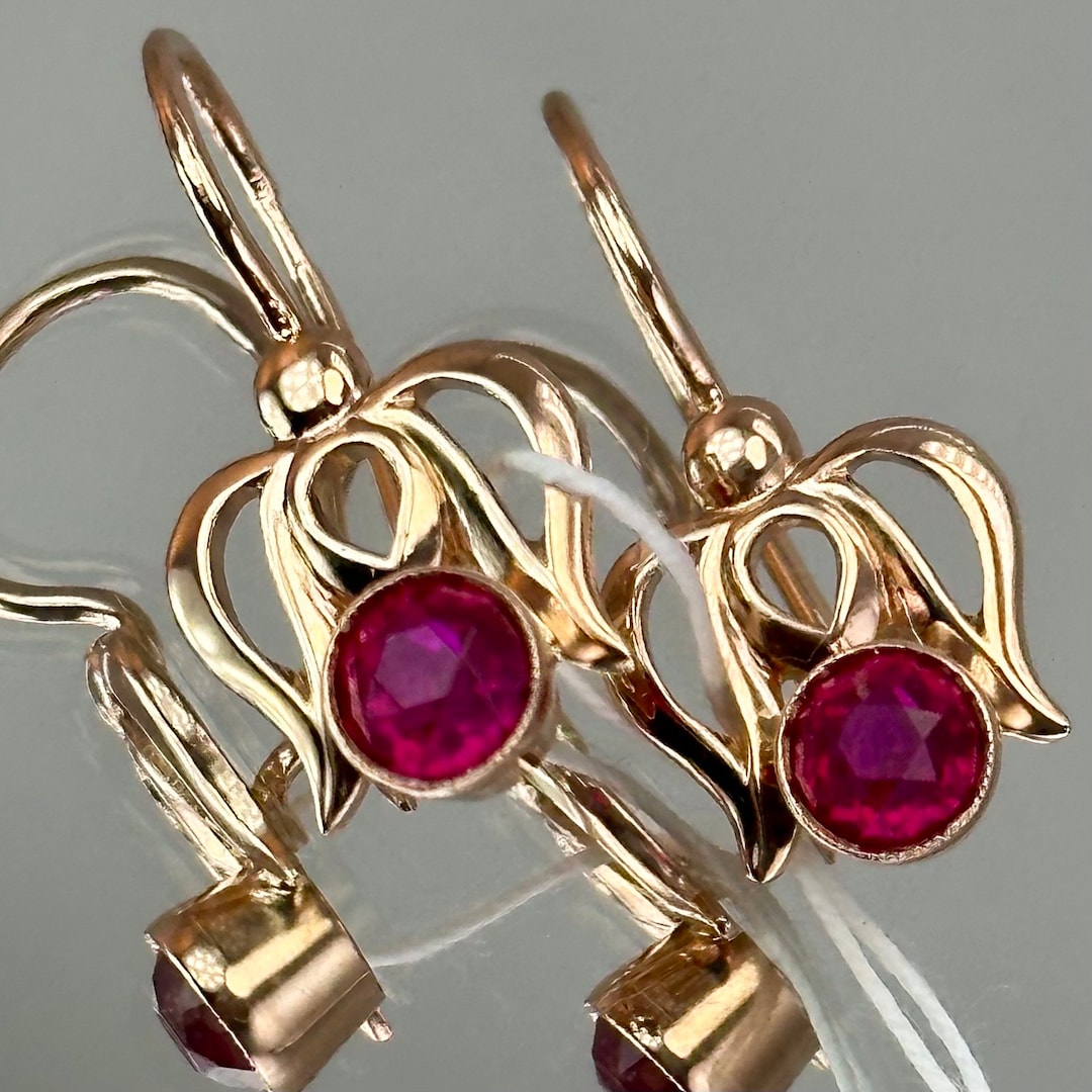Vintage Original Solid Rose Gold Earrings With Ruby 583 14K, Rose Gold ...