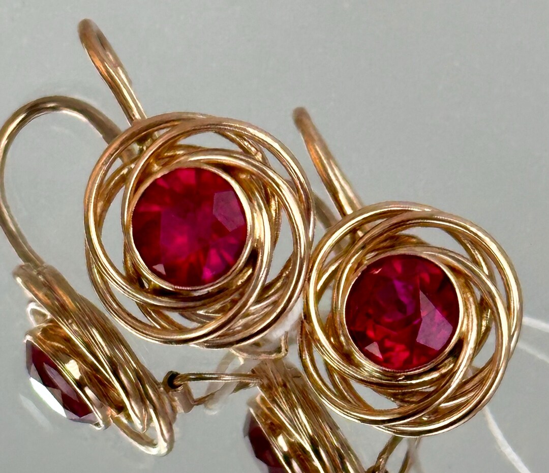 Vintage Original Small Rose Gold Earrings With Red Ruby 583 14K, Rose ...