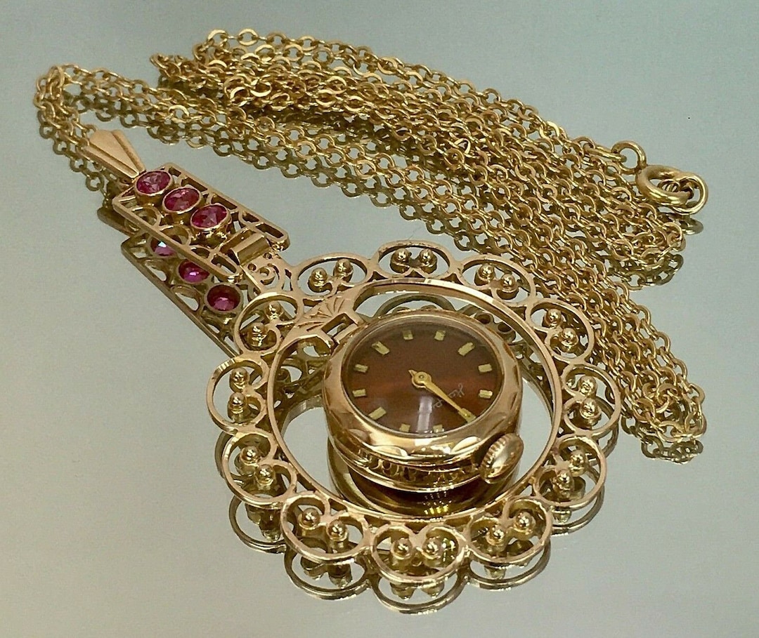 Vintage NAIRI 14K Rose Gold Ruby Mechanical Necklace Watch - Etsy