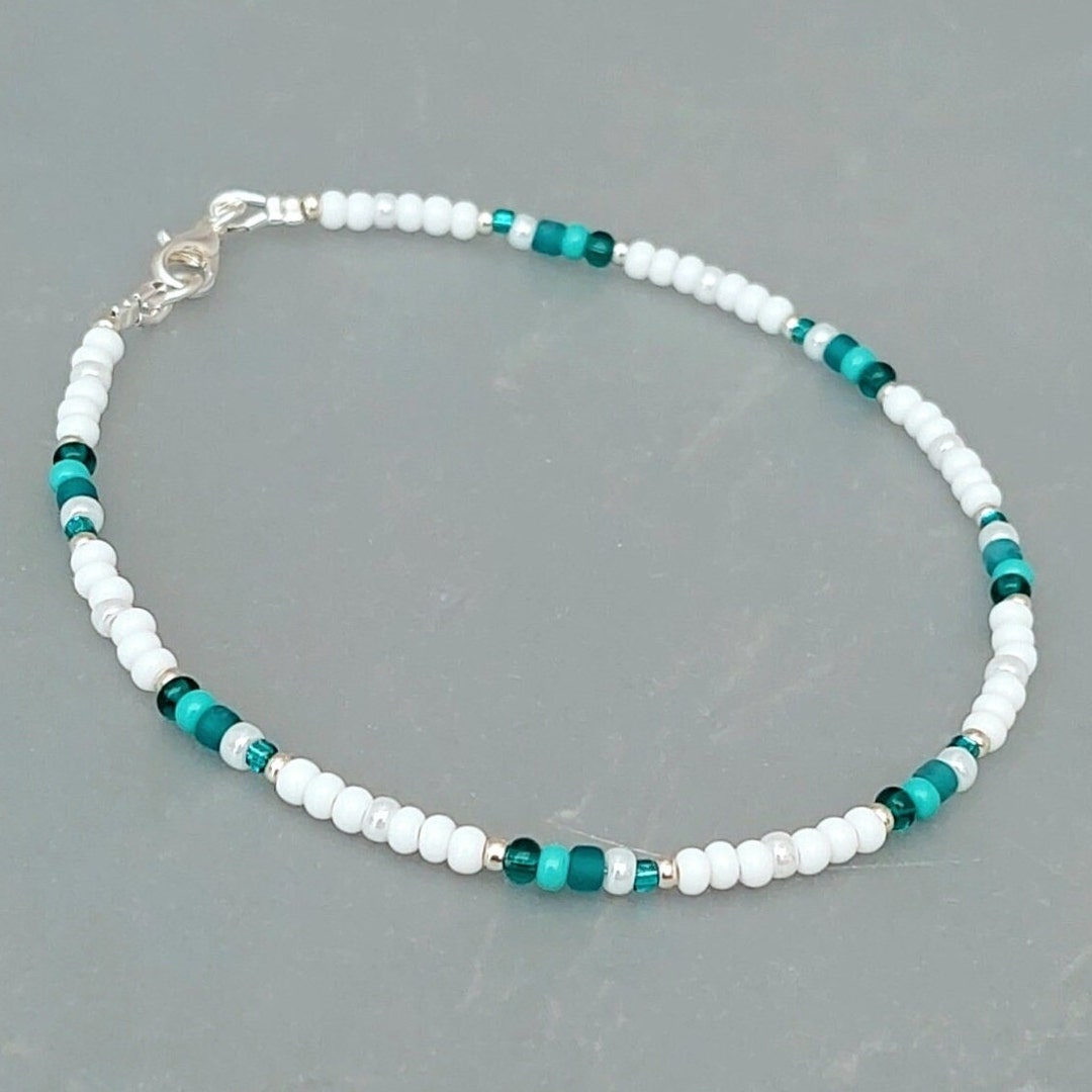 Turquoise Seed Bead Anklet - Handmade Turquoise White Seed Bead Silver ...