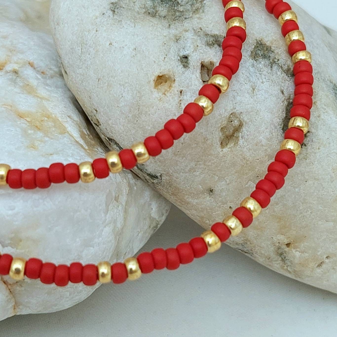 Red Seed Bead Necklace - Handmade Red Gold Silver Bead Jewellery - Red ...